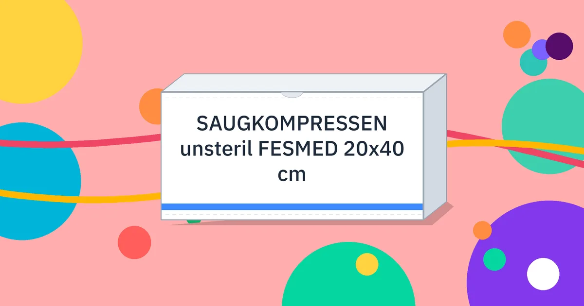 Symbolbild: Packung mit der Aufschrift SAUGKOMPRESSEN unsteril FESMED 20x40 cm (PZN 19690585) – Verfügbarkeit und Bezug in Apotheken in Frankfurt am Main