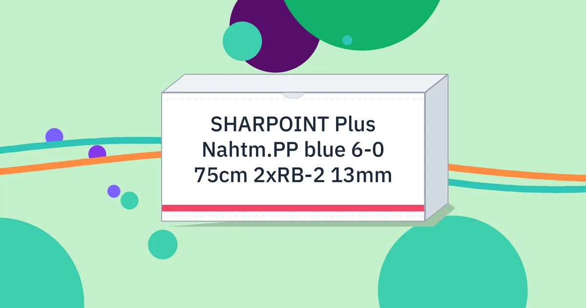 Symbolbild: Packung mit der Aufschrift SHARPOINT Plus Nahtm.PP blue 6-0 75cm 2xRB-2 13mm (PZN 17985974) – Verfügbarkeit und Bezug in Apotheken in Frankfurt am Main