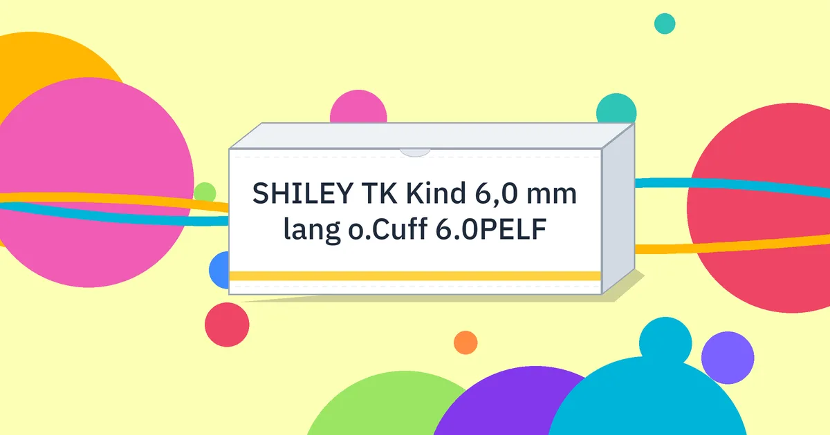 Symbolbild: Packung mit der Aufschrift SHILEY TK Kind 6,0 mm lang o.Cuff 6.0PELF (PZN 16354800) – Verfügbarkeit und Bezug in Apotheken in Frankfurt am Main