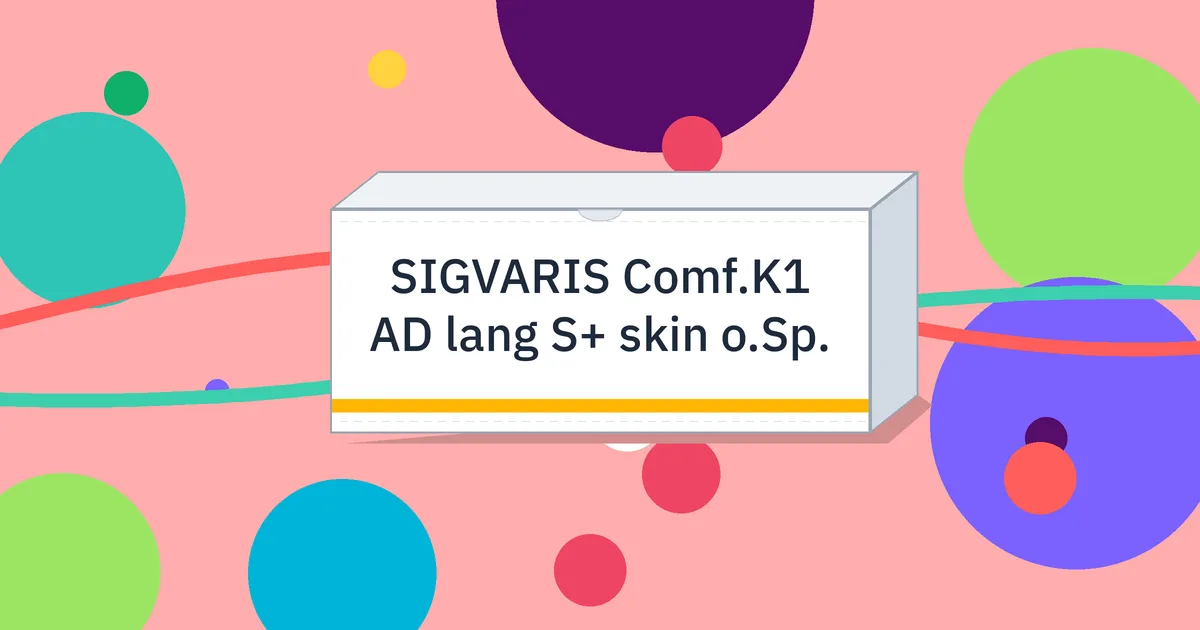 Symbolbild: Packung mit der Aufschrift SIGVARIS Comf.K1 AD lang S+ skin o.Sp. (PZN 17041279) – Verfügbarkeit und Bezug in Apotheken in Frankfurt am Main