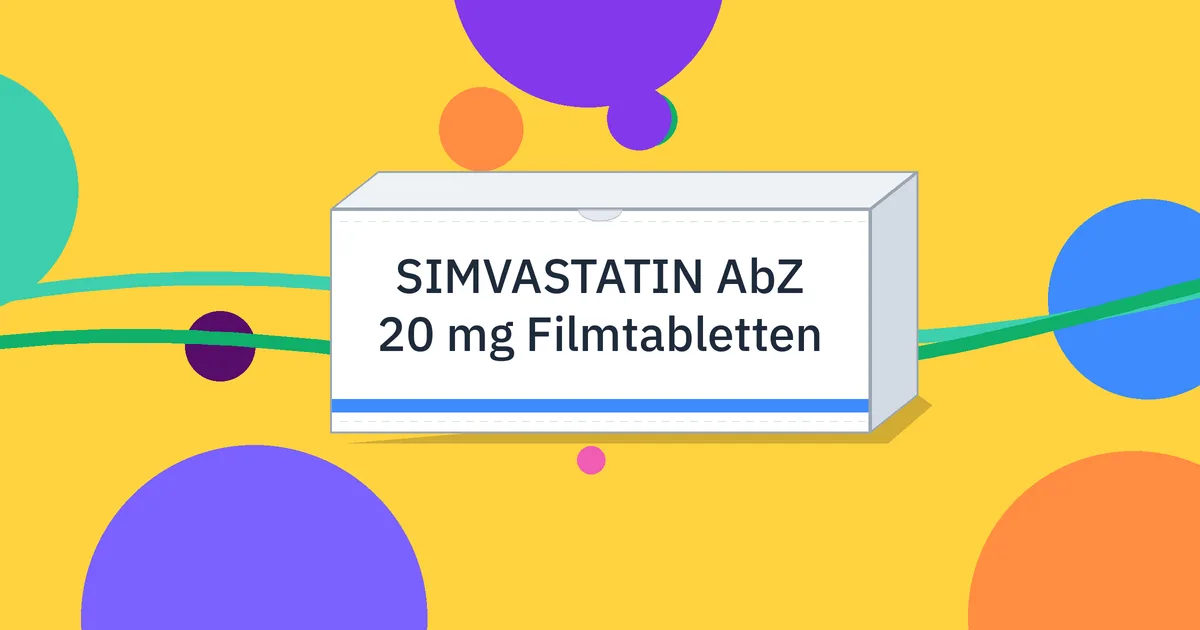 Symbolbild: Packung mit der Aufschrift SIMVASTATIN AbZ 20 mg Filmtabletten (PZN 00014189) – Verfügbarkeit und Bezug in Apotheken in Frankfurt am Main