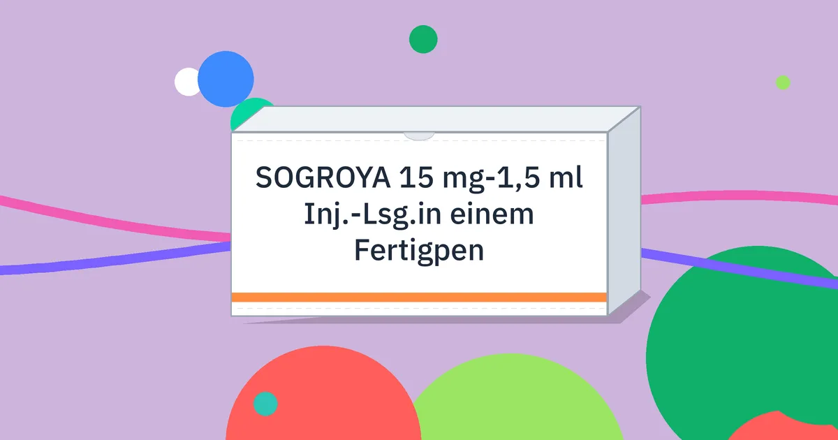 Symbolbild: Packung mit der Aufschrift SOGROYA 15 mg-1,5 ml Inj.-Lsg.in einem Fertigpen (PZN 20195224) – Verfügbarkeit und Bezug in Apotheken in Frankfurt am Main