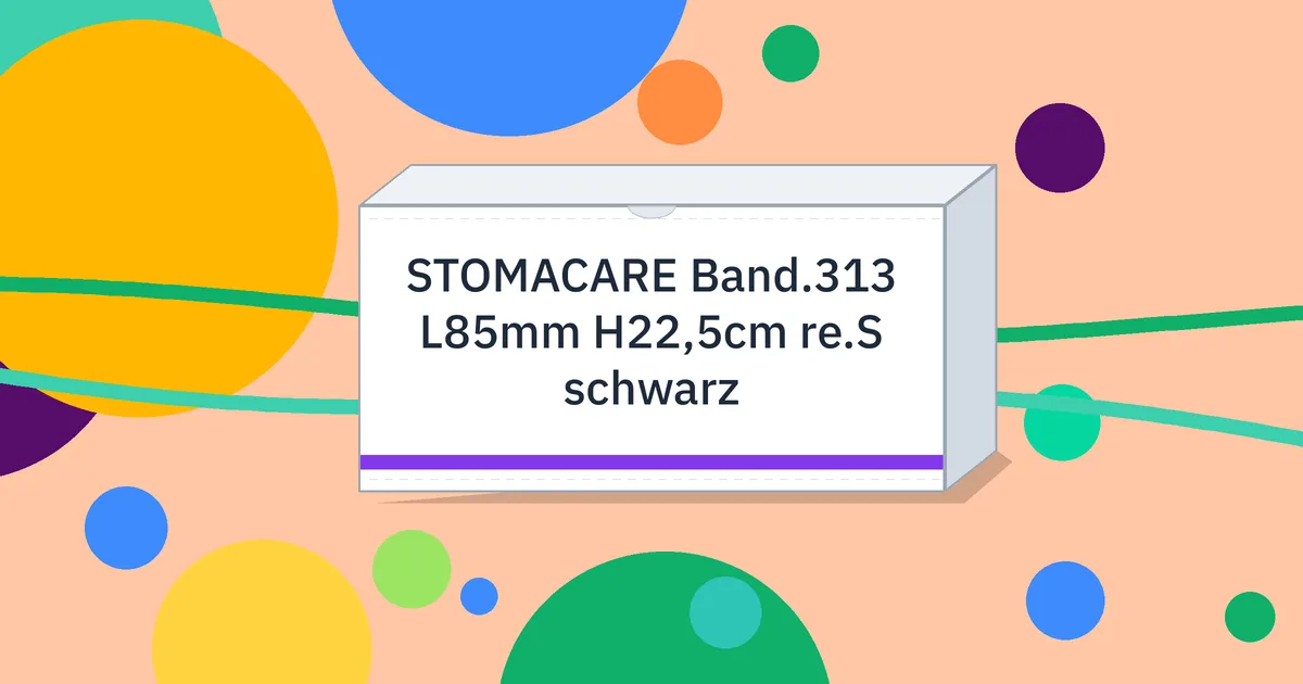Symbolbild: Packung mit der Aufschrift STOMACARE Band.313 L85mm H22,5cm re.S schwarz (PZN 10841628) – Verfügbarkeit und Bezug in Apotheken in Frankfurt am Main