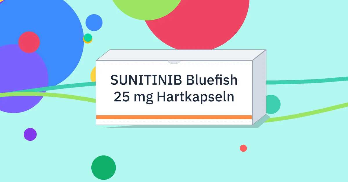 Symbolbild: Packung mit der Aufschrift SUNITINIB Bluefish 25 mg Hartkapseln (PZN 19213394) – Verfügbarkeit und Bezug in Apotheken in Frankfurt am Main
