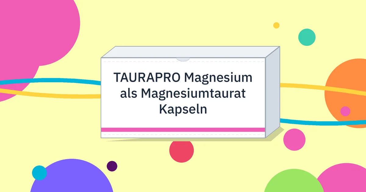 Symbolbild: Packung mit der Aufschrift TAURAPRO Magnesium als Magnesiumtaurat Kapseln (PZN 19979972) – Verfügbarkeit und Bezug in Apotheken in Frankfurt am Main