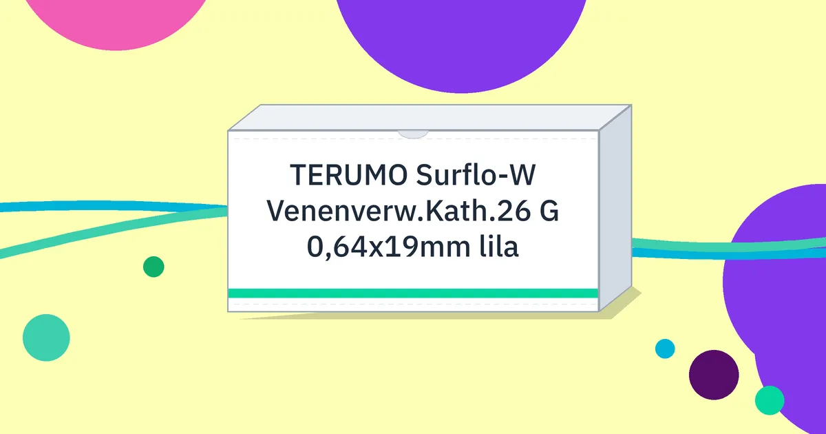 Symbolbild: Packung mit der Aufschrift TERUMO Surflo-W Venenverw.Kath.26 G 0,64x19mm lila (PZN 18060882) – Verfügbarkeit und Bezug in Apotheken in Frankfurt am Main