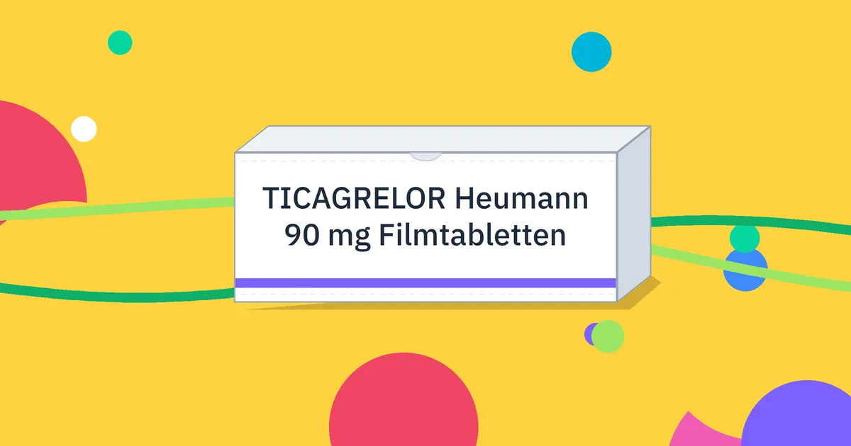Symbolbild: Packung mit der Aufschrift TICAGRELOR Heumann 90 mg Filmtabletten (PZN 16358011) – Verfügbarkeit und Bezug in Apotheken in Frankfurt am Main