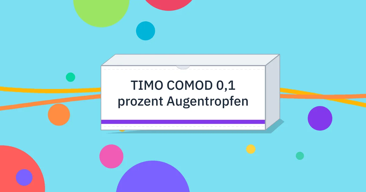 Symbolbild: Packung mit der Aufschrift TIMO COMOD 0,1 prozent Augentropfen (PZN 06894814) – Verfügbarkeit und Bezug in Apotheken in Frankfurt am Main