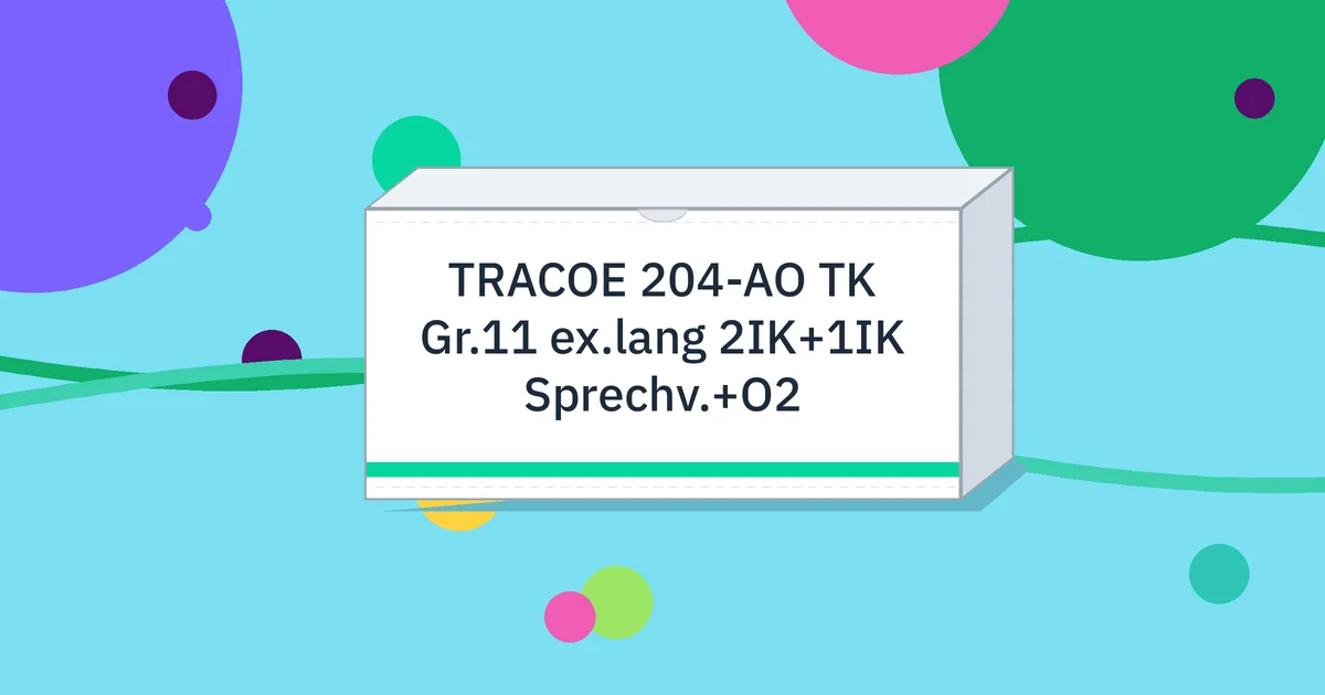 Symbolbild: Packung mit der Aufschrift TRACOE 204-AO TK Gr.11 ex.lang 2IK+1IK Sprechv.+O2 (PZN 17274150) – Verfügbarkeit und Bezug in Apotheken in Frankfurt am Main