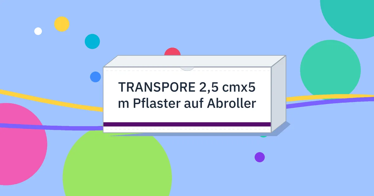 Symbolbild: Packung mit der Aufschrift TRANSPORE 2,5 cmx5 m Pflaster auf Abroller (PZN 00913309) – Verfügbarkeit und Bezug in Apotheken in Frankfurt am Main