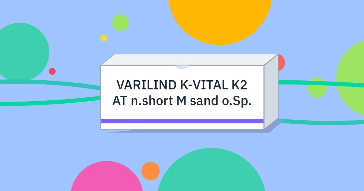 Symbolbild: Packung mit der Aufschrift VARILIND K-VITAL K2 AT n.short M sand o.Sp. (PZN 20561290) – Verfügbarkeit und Bezug in Apotheken in Frankfurt am Main
