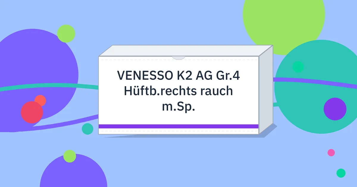 Symbolbild: Packung mit der Aufschrift VENESSO K2 AG Gr.4 Hüftb.rechts rauch m.Sp. (PZN 03274318) – Verfügbarkeit und Bezug in Apotheken in Frankfurt am Main
