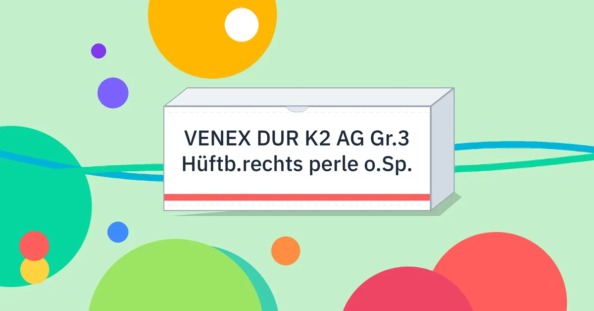 Symbolbild: Packung mit der Aufschrift VENEX DUR K2 AG Gr.3 Hüftb.rechts perle o.Sp. (PZN 03231556) – Verfügbarkeit und Bezug in Apotheken in Frankfurt am Main