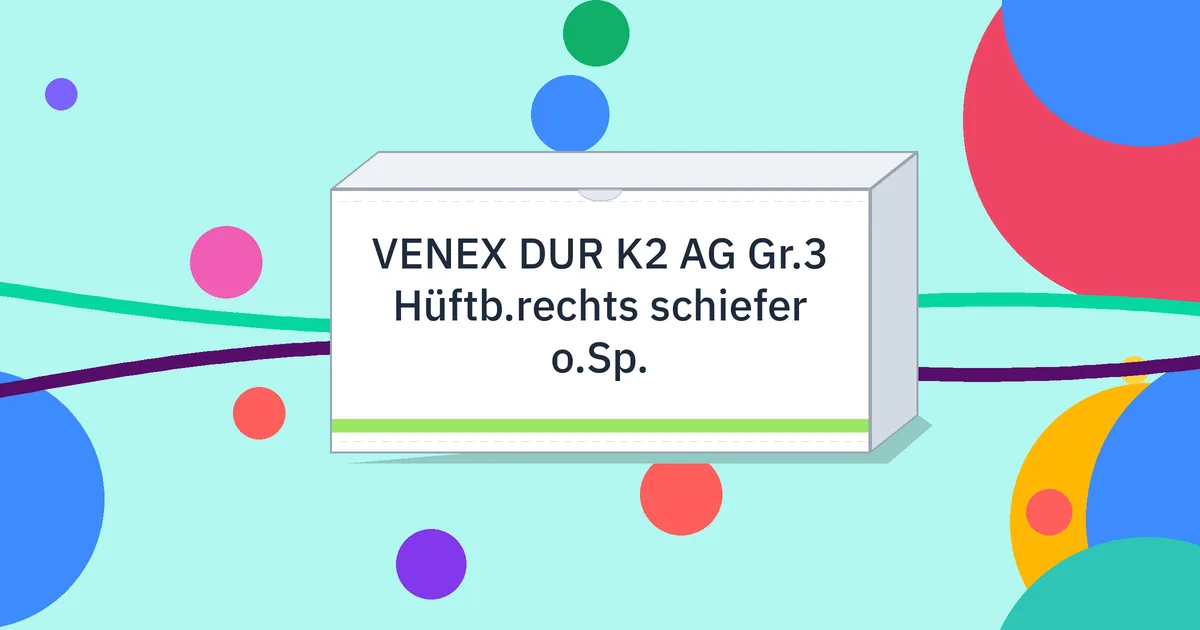 Symbolbild: Packung mit der Aufschrift VENEX DUR K2 AG Gr.3 Hüftb.rechts schiefer o.Sp. (PZN 03233029) – Verfügbarkeit und Bezug in Apotheken in Frankfurt am Main