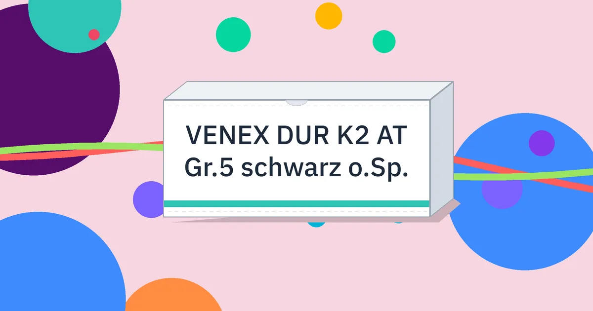Symbolbild: Packung mit der Aufschrift VENEX DUR K2 AT Gr.5 schwarz o.Sp. (PZN 03224970) – Verfügbarkeit und Bezug in Apotheken in Frankfurt am Main