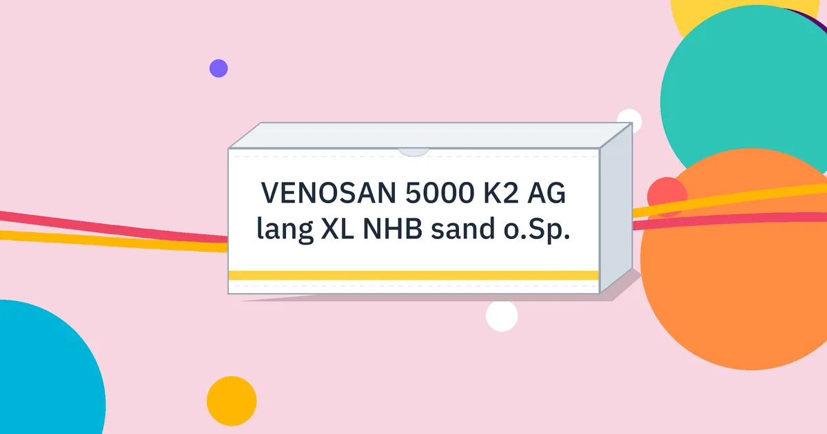 Symbolbild: Packung mit der Aufschrift VENOSAN 5000 K2 AG lang XL NHB sand o.Sp. (PZN 14428865) – Verfügbarkeit und Bezug in Apotheken in Frankfurt am Main
