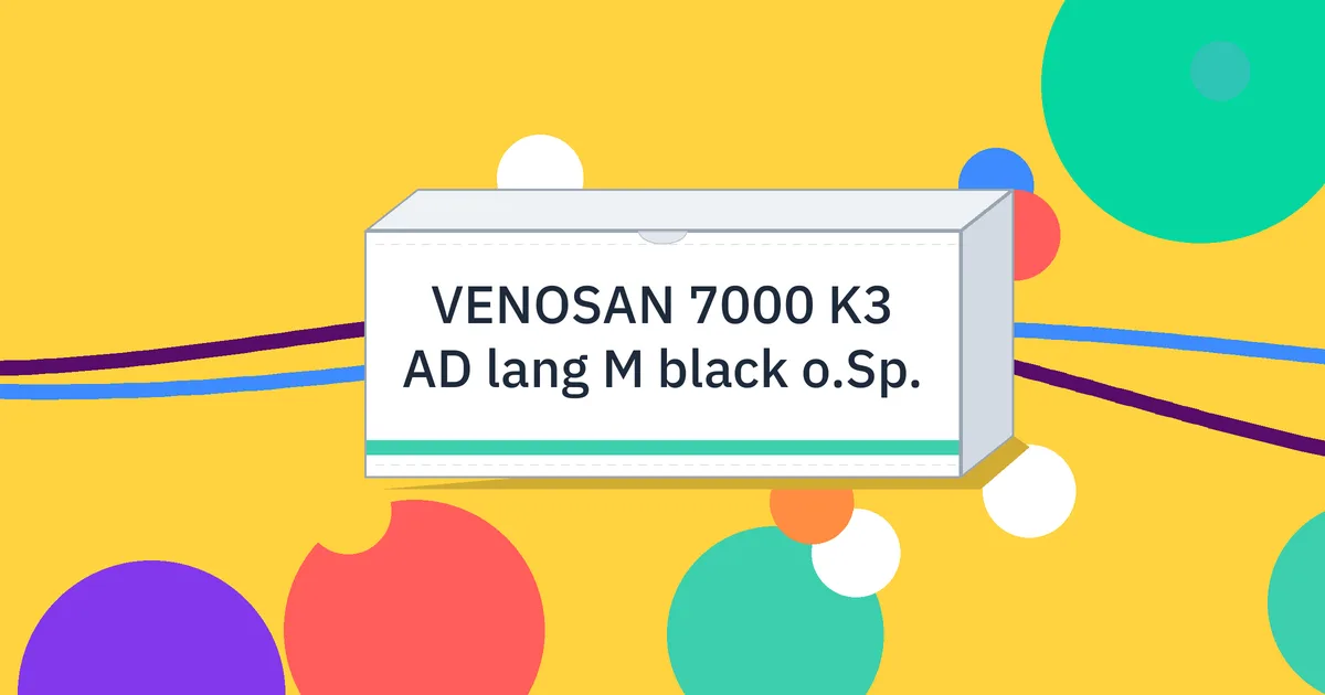 Symbolbild: Packung mit der Aufschrift VENOSAN 7000 K3 AD lang M black o.Sp. (PZN 14436089) – Verfügbarkeit und Bezug in Apotheken in Frankfurt am Main