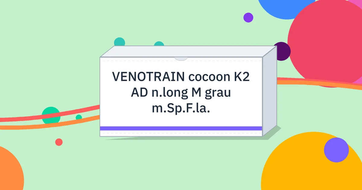 Symbolbild: Packung mit der Aufschrift VENOTRAIN cocoon K2 AD n.long M grau m.Sp.F.la. (PZN 19198766) – Verfügbarkeit und Bezug in Apotheken in Frankfurt am Main
