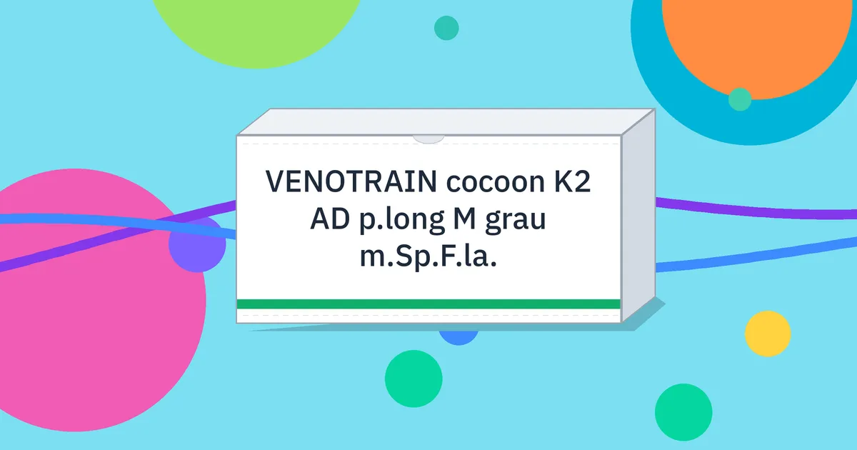 Symbolbild: Packung mit der Aufschrift VENOTRAIN cocoon K2 AD p.long M grau m.Sp.F.la. (PZN 19198855) – Verfügbarkeit und Bezug in Apotheken in Frankfurt am Main