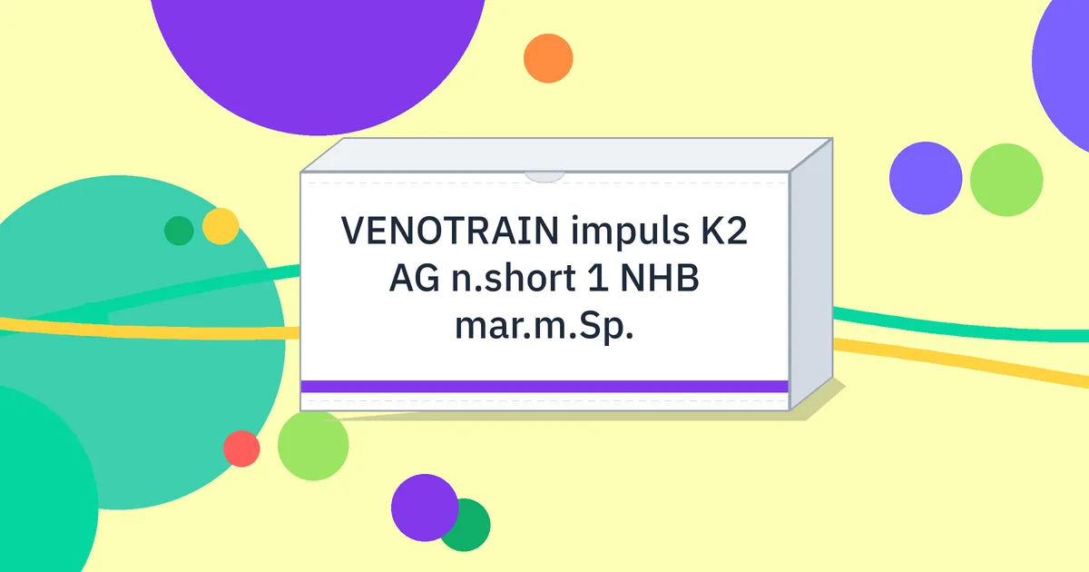 Symbolbild: Packung mit der Aufschrift VENOTRAIN impuls K2 AG n.short 1 NHB mar.m.Sp. (PZN 15213977) – Verfügbarkeit und Bezug in Apotheken in Frankfurt am Main