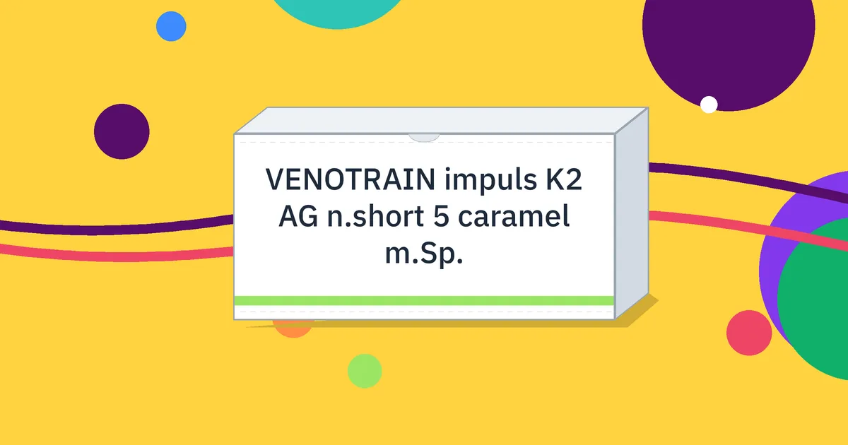Symbolbild: Packung mit der Aufschrift VENOTRAIN impuls K2 AG n.short 5 caramel m.Sp. (PZN 00493385) – Verfügbarkeit und Bezug in Apotheken in Frankfurt am Main