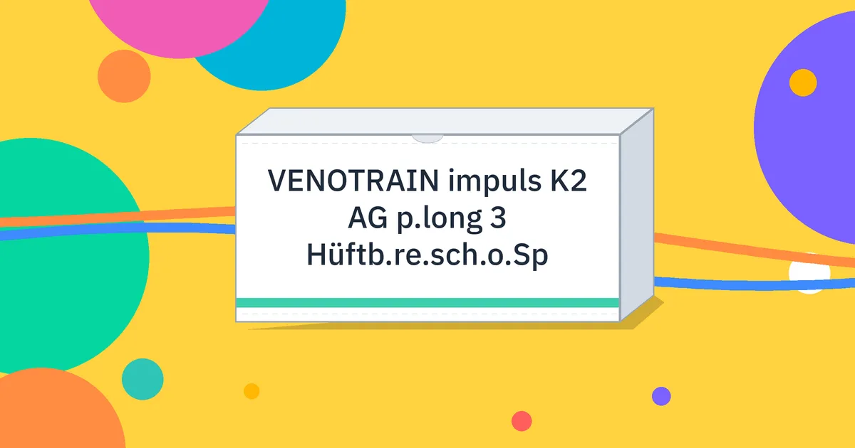 Symbolbild: Packung mit der Aufschrift VENOTRAIN impuls K2 AG p.long 3 Hüftb.re.sch.o.Sp (PZN 10293434) – Verfügbarkeit und Bezug in Apotheken in Frankfurt am Main