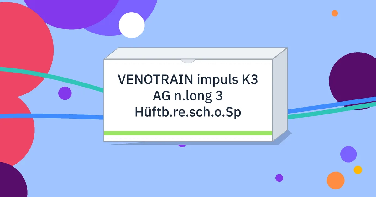 Symbolbild: Packung mit der Aufschrift VENOTRAIN impuls K3 AG n.long 3 Hüftb.re.sch.o.Sp (PZN 10294155) – Verfügbarkeit und Bezug in Apotheken in Frankfurt am Main