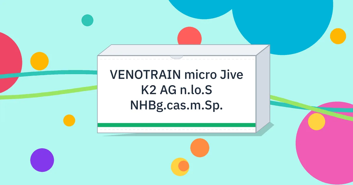 Symbolbild: Packung mit der Aufschrift VENOTRAIN micro Jive K2 AG n.lo.S NHBg.cas.m.Sp. (PZN 20766879) – Verfügbarkeit und Bezug in Apotheken in Frankfurt am Main