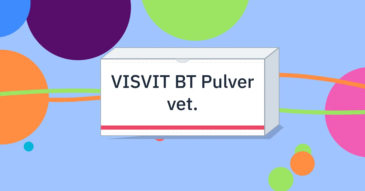 Symbolbild: Packung mit der Aufschrift VISVIT BT Pulver vet. (PZN 01446324) – Verfügbarkeit und Bezug in Apotheken in Frankfurt am Main