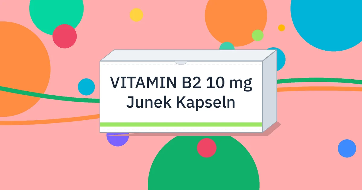 Symbolbild: Packung mit der Aufschrift VITAMIN B2 10 mg Junek Kapseln (PZN 16572135) – Verfügbarkeit und Bezug in Apotheken in Frankfurt am Main