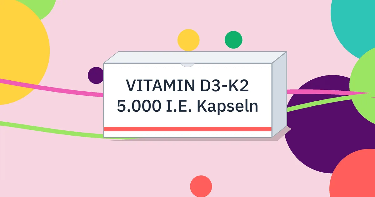 Symbolbild: Packung mit der Aufschrift VITAMIN D3-K2 5.000 I.E. Kapseln (PZN 18374385) – Verfügbarkeit und Bezug in Apotheken in Frankfurt am Main