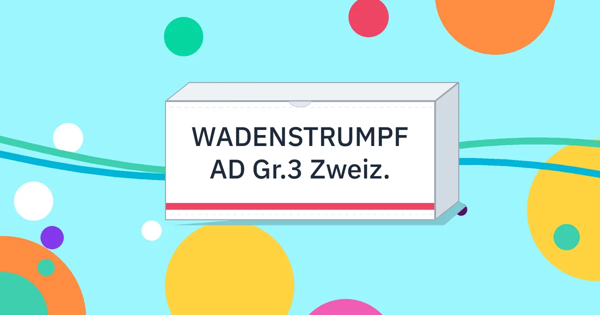 Symbolbild: Packung mit der Aufschrift WADENSTRUMPF AD Gr.3 Zweiz. (PZN 01737866) – Verfügbarkeit und Bezug in Apotheken in Frankfurt am Main