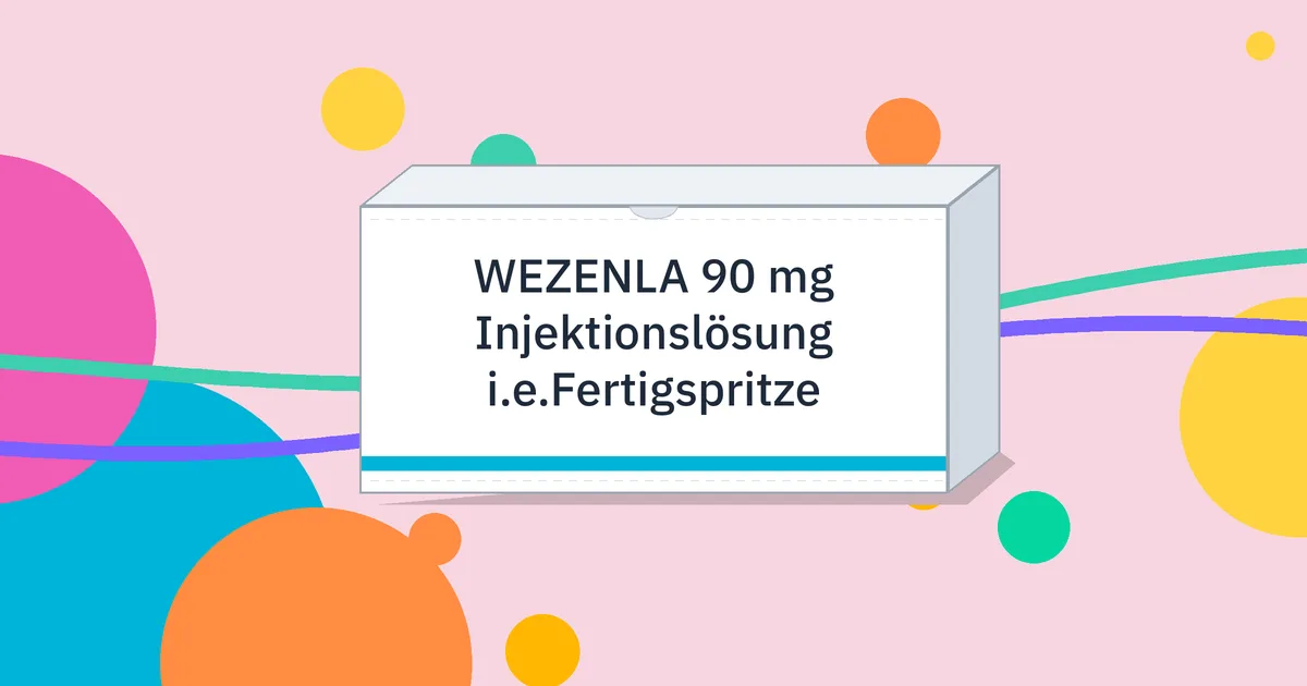 Symbolbild: Packung mit der Aufschrift WEZENLA 90 mg Injektionslösung i.e.Fertigspritze (PZN 19477532) – Verfügbarkeit und Bezug in Apotheken in Frankfurt am Main