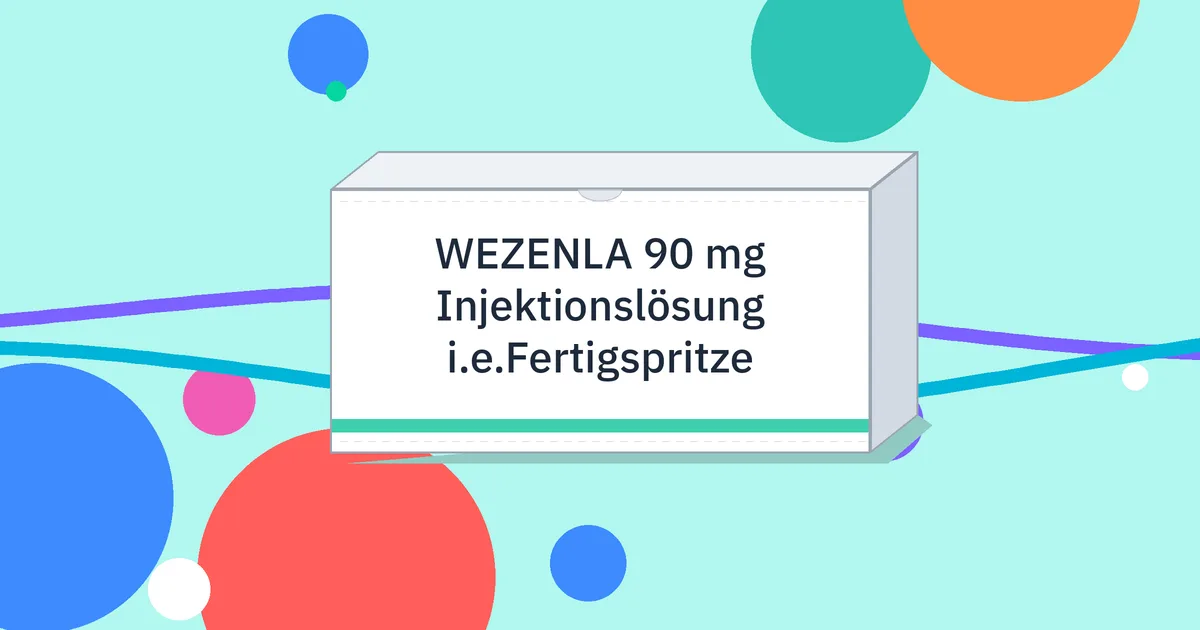 Symbolbild: Packung mit der Aufschrift WEZENLA 90 mg Injektionslösung i.e.Fertigspritze (PZN 19780093) – Verfügbarkeit und Bezug in Apotheken in Frankfurt am Main