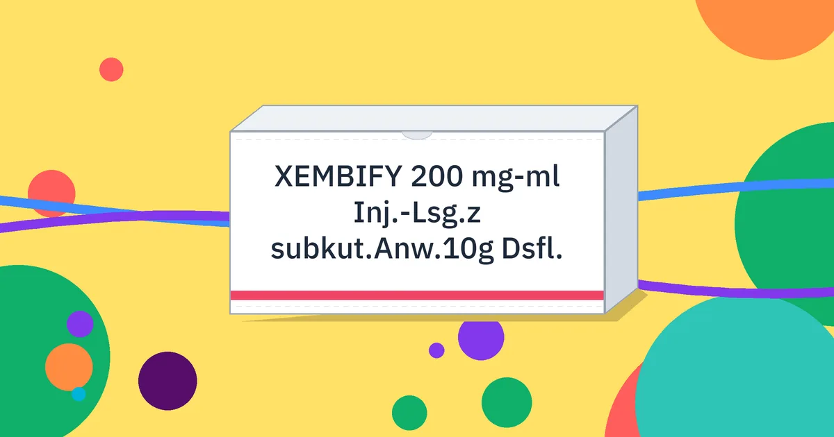 Symbolbild: Packung mit der Aufschrift XEMBIFY 200 mg-ml Inj.-Lsg.z subkut.Anw.10g Dsfl. (PZN 17992313) – Verfügbarkeit und Bezug in Apotheken in Frankfurt am Main