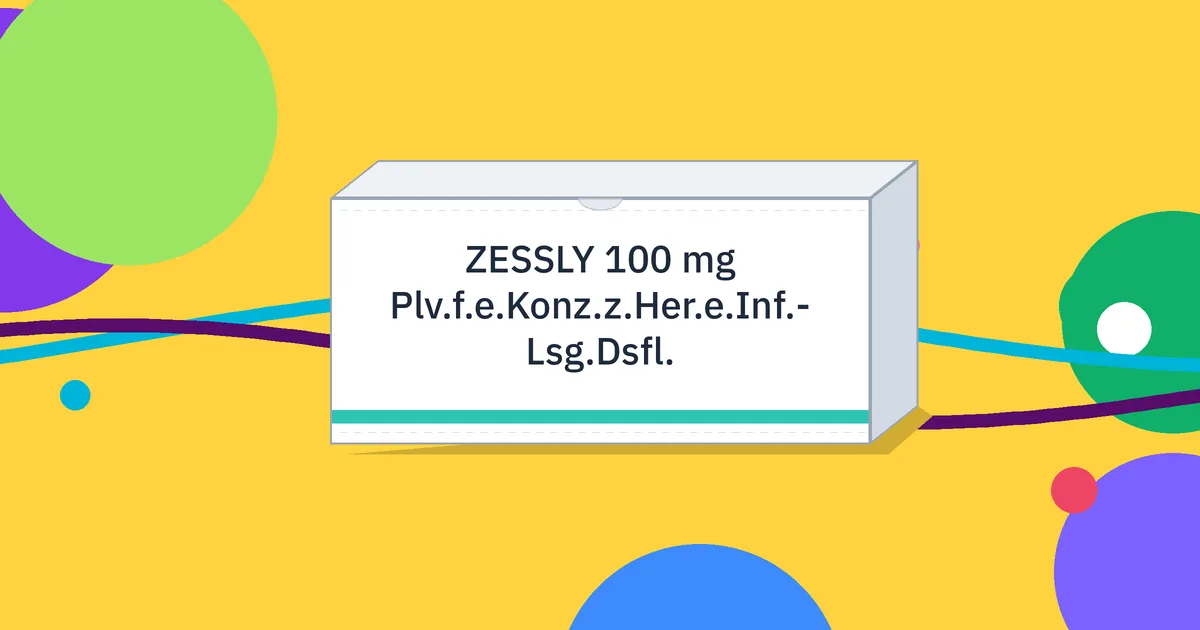 Symbolbild: Packung mit der Aufschrift ZESSLY 100 mg Plv.f.e.Konz.z.Her.e.Inf.-Lsg.Dsfl. (PZN 19631915) – Verfügbarkeit und Bezug in Apotheken in Frankfurt am Main