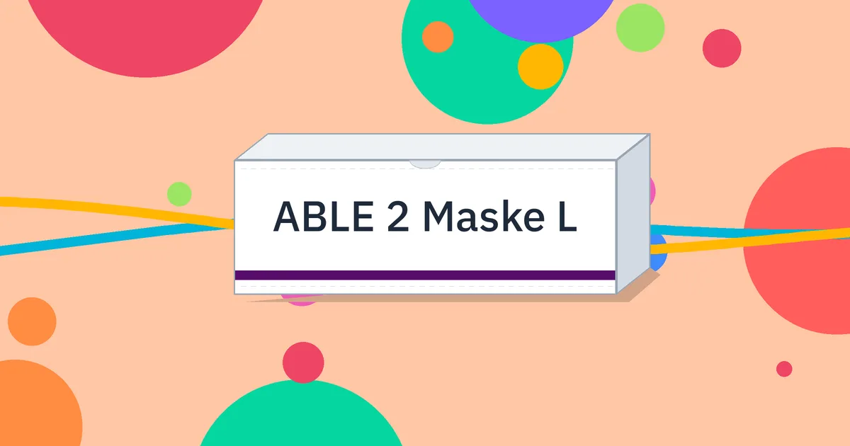Symbolbild: Packung mit der Aufschrift ABLE 2 Maske L (PZN 15517594) – Verfügbarkeit und Bezug in Apotheken in Frankfurt am Main
