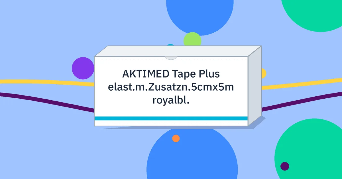Symbolbild: Packung mit der Aufschrift AKTIMED Tape Plus elast.m.Zusatzn.5cmx5m royalbl. (PZN 13426172) – Verfügbarkeit und Bezug in Apotheken in Frankfurt am Main