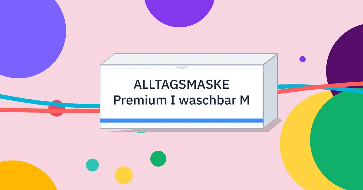 Symbolbild: Packung mit der Aufschrift ALLTAGSMASKE Premium I waschbar M (PZN 18260635) – Verfügbarkeit und Bezug in Apotheken in Frankfurt am Main