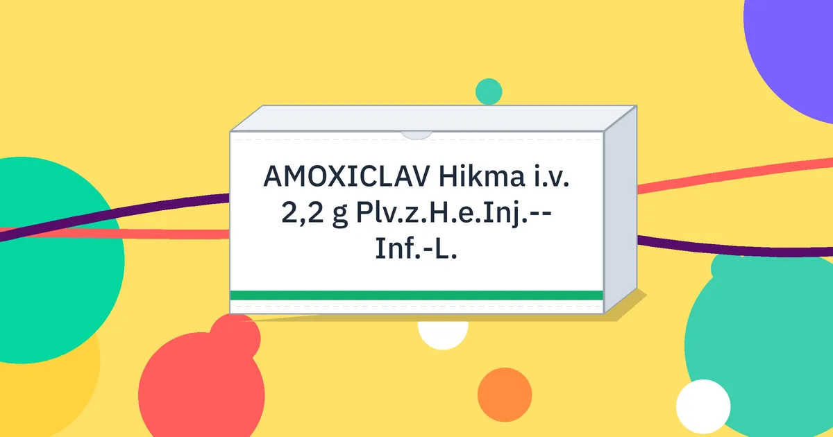 Symbolbild: Packung mit der Aufschrift AMOXICLAV Hikma i.v. 2,2 g Plv.z.H.e.Inj.--Inf.-L. (PZN 17578683) – Verfügbarkeit und Bezug in Apotheken in Frankfurt am Main