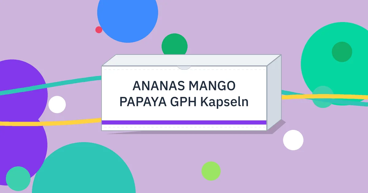 Symbolbild: Packung mit der Aufschrift ANANAS MANGO PAPAYA GPH Kapseln (PZN 03435112) – Verfügbarkeit und Bezug in Apotheken in Frankfurt am Main