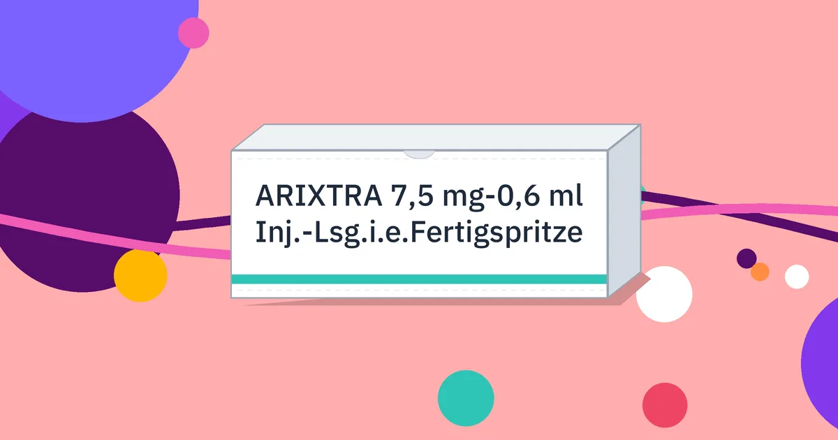 Symbolbild: Packung mit der Aufschrift ARIXTRA 7,5 mg-0,6 ml Inj.-Lsg.i.e.Fertigspritze (PZN 06562785) – Verfügbarkeit und Bezug in Apotheken in Frankfurt am Main