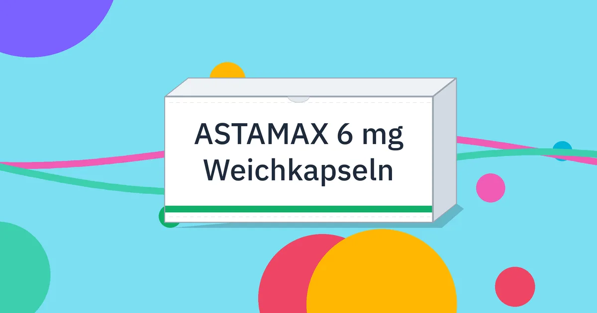 Symbolbild: Packung mit der Aufschrift ASTAMAX 6 mg Weichkapseln (PZN 17964914) – Verfügbarkeit und Bezug in Apotheken in Frankfurt am Main