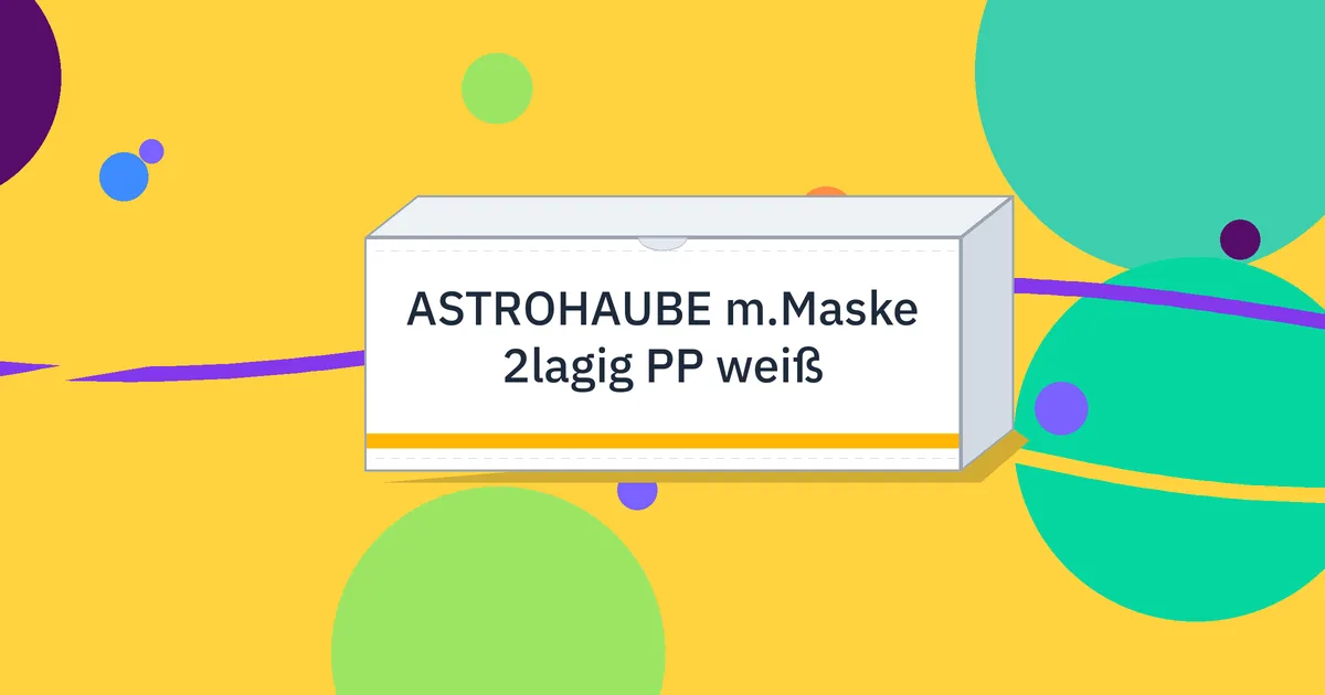 Symbolbild: Packung mit der Aufschrift ASTROHAUBE m.Maske 2lagig PP weiß (PZN 20607744) – Verfügbarkeit und Bezug in Apotheken in Frankfurt am Main