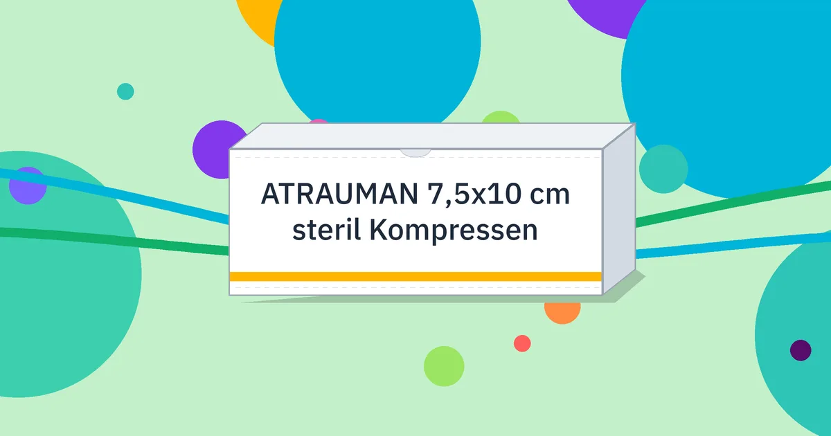 Symbolbild: Packung mit der Aufschrift ATRAUMAN 7,5x10 cm steril Kompressen (PZN 19200411) – Verfügbarkeit und Bezug in Apotheken in Frankfurt am Main