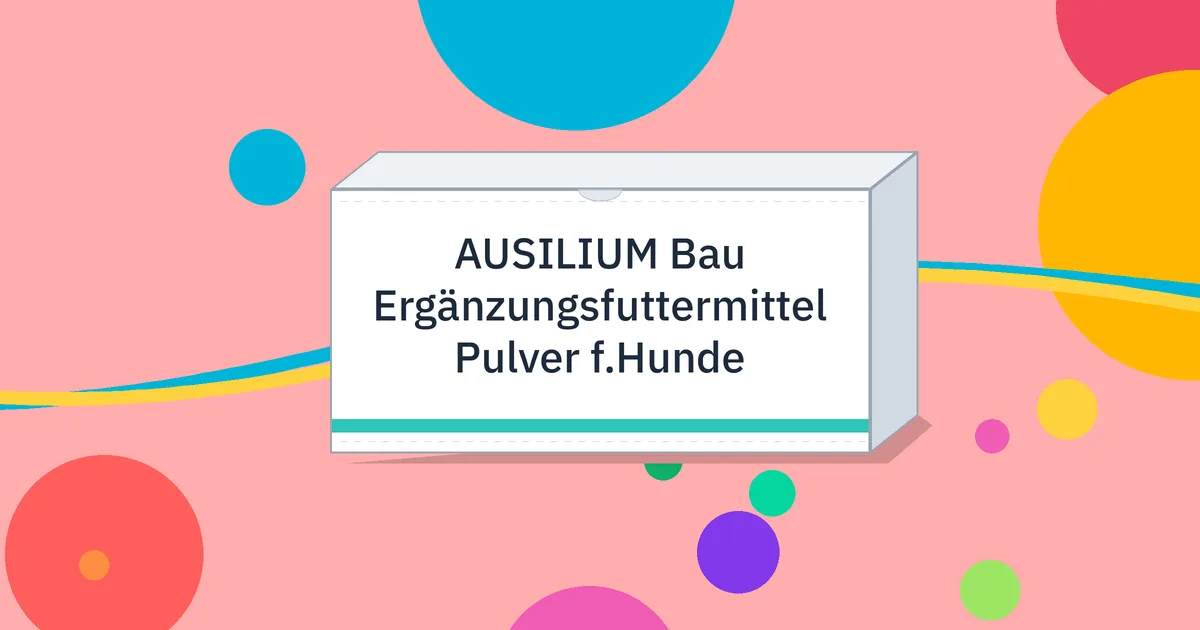 Symbolbild: Packung mit der Aufschrift AUSILIUM Bau Ergänzungsfuttermittel Pulver f.Hunde (PZN 19454821) – Verfügbarkeit und Bezug in Apotheken in Frankfurt am Main