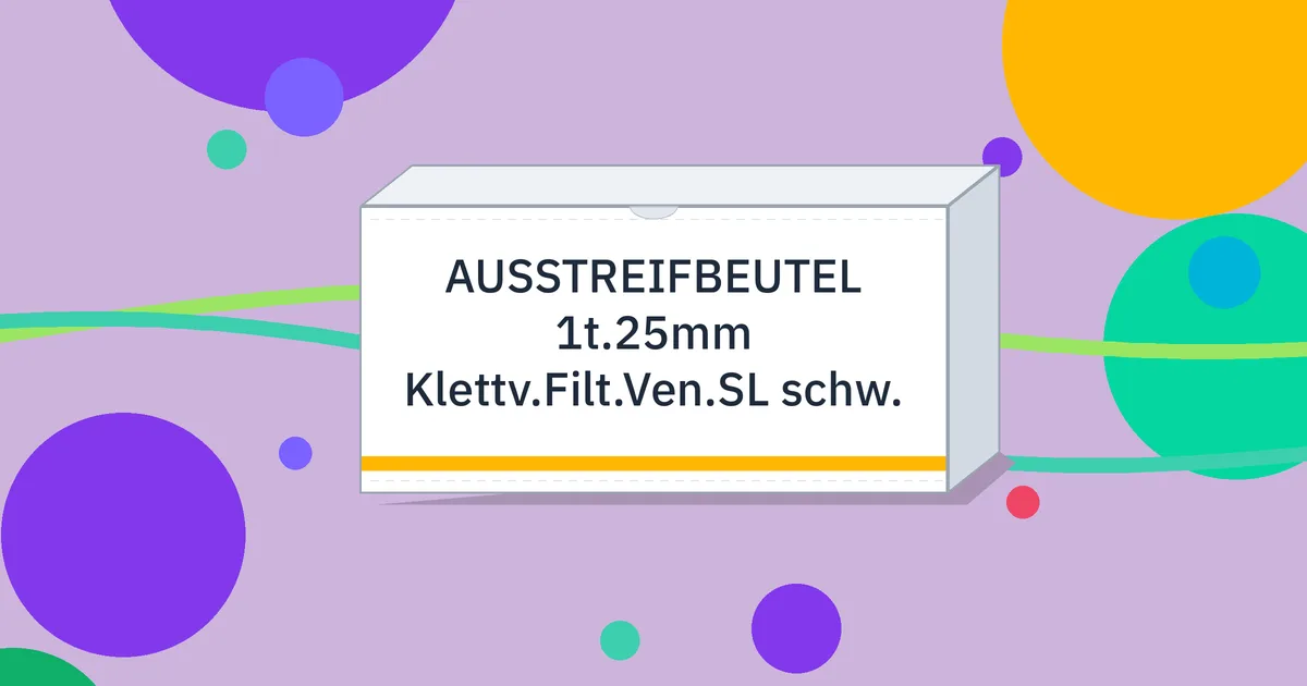 Symbolbild: Packung mit der Aufschrift AUSSTREIFBEUTEL 1t.25mm Klettv.Filt.Ven.SL schw. (PZN 18424025) – Verfügbarkeit und Bezug in Apotheken in Frankfurt am Main