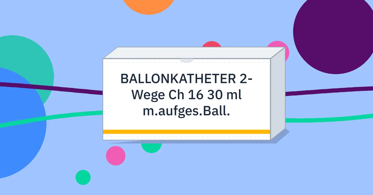 Symbolbild: Packung mit der Aufschrift BALLONKATHETER 2-Wege Ch 16 30 ml m.aufges.Ball. (PZN 04863347) – Verfügbarkeit und Bezug in Apotheken in Frankfurt am Main