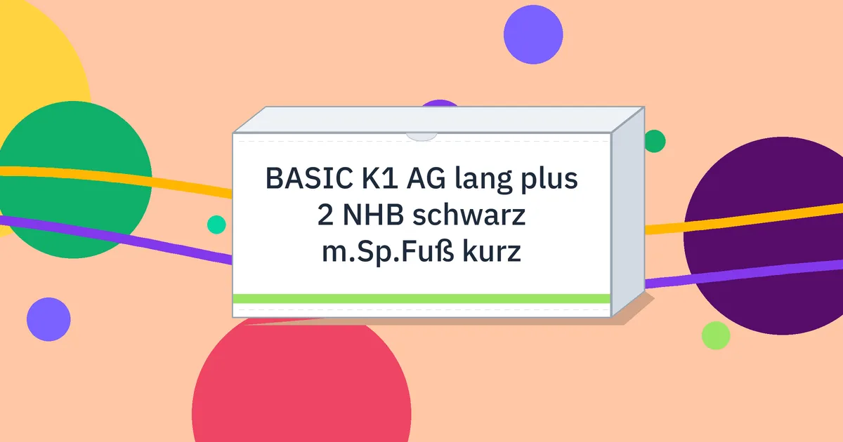 Symbolbild: Packung mit der Aufschrift BASIC K1 AG lang plus 2 NHB schwarz m.Sp.Fuß kurz (PZN 20259970) – Verfügbarkeit und Bezug in Apotheken in Frankfurt am Main