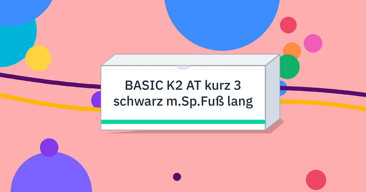Symbolbild: Packung mit der Aufschrift BASIC K2 AT kurz 3 schwarz m.Sp.Fuß lang (PZN 20269164) – Verfügbarkeit und Bezug in Apotheken in Frankfurt am Main